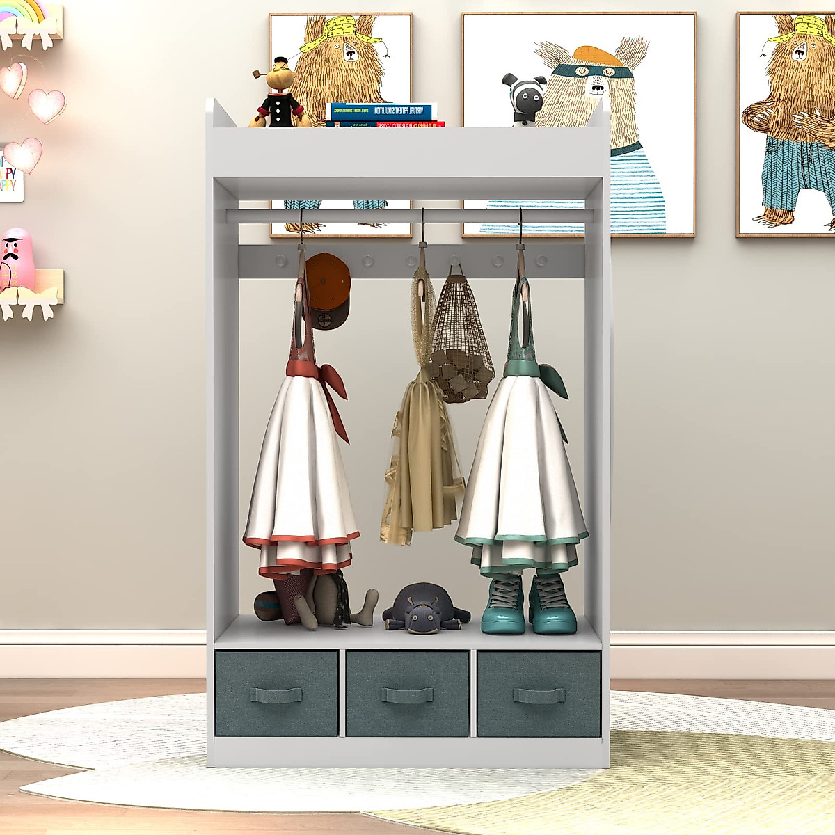 Kcelarec Kids Dress up Storage with Mirror and Storage Bin,Kids Play Armoire Dresser with Mirror,Kids Costume Organizer, Pretend Storage Closet for Kids,Costume Storage Dresser (Style 2-White)