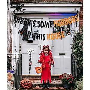 PTFNY There's Some Horrors In This House Banner Halloween Party Decorations Glittery Halloween Garland Banner with Haunted House Signs Halloween Circle Dots Banner for Haunted Houses Home Decorations