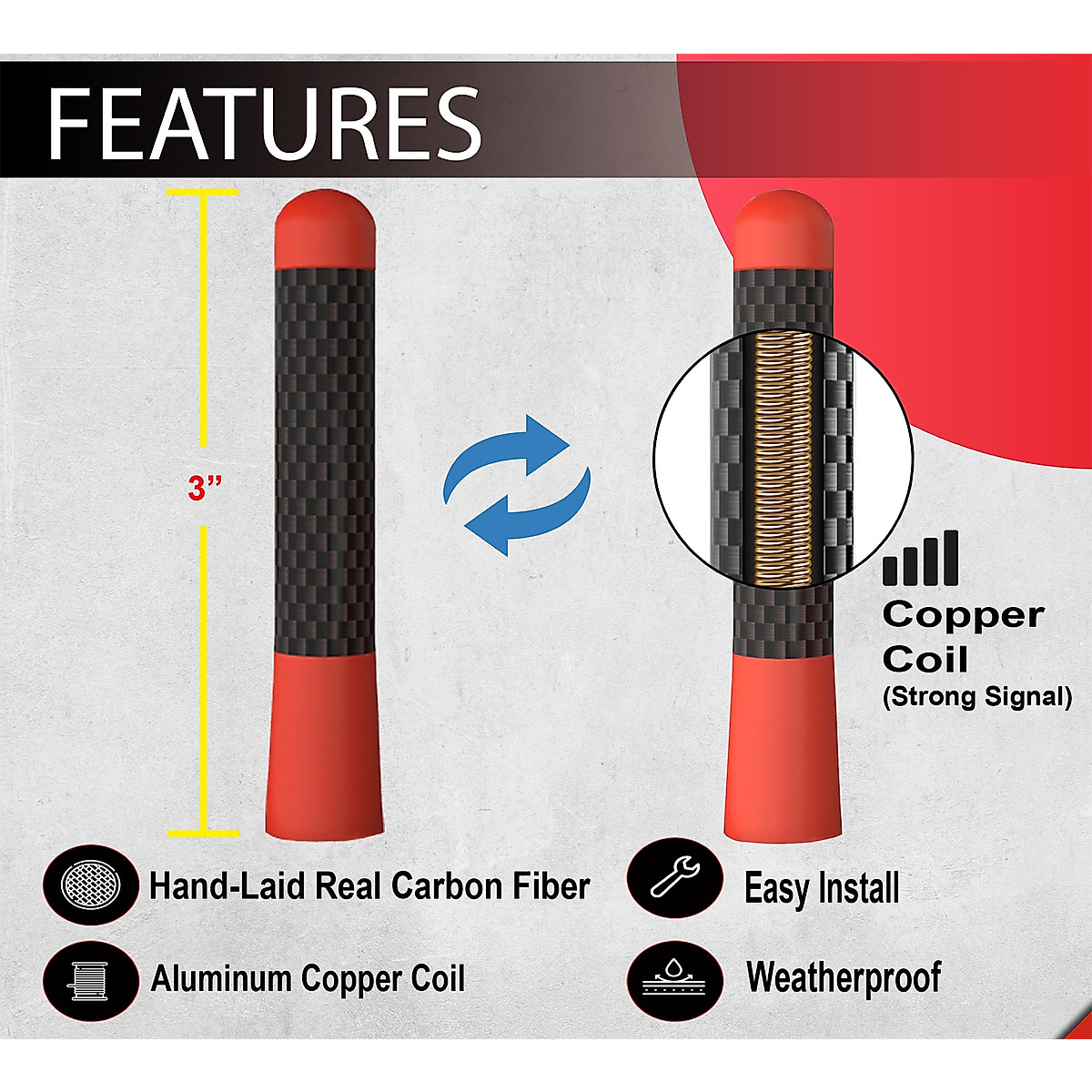 ICBEAMER 3" 76 mm Carbon Fiber Polished Finish & Red Aluminum Short Automotive Antenna with Internal Copper Coil Universal Fit AM/FM Radio Antenna Replacement Compatible for Car, Truck and Van