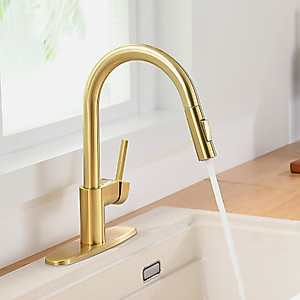 FROPO Gold Kitchen Faucet with Pull Down Sprayer - Modern Single Handle Pull Down Kitchen Sink Faucet with Deck Plate | Commercial Kitchen Faucet for 1 & 3 Hole Stainless Steel Brushed Gold