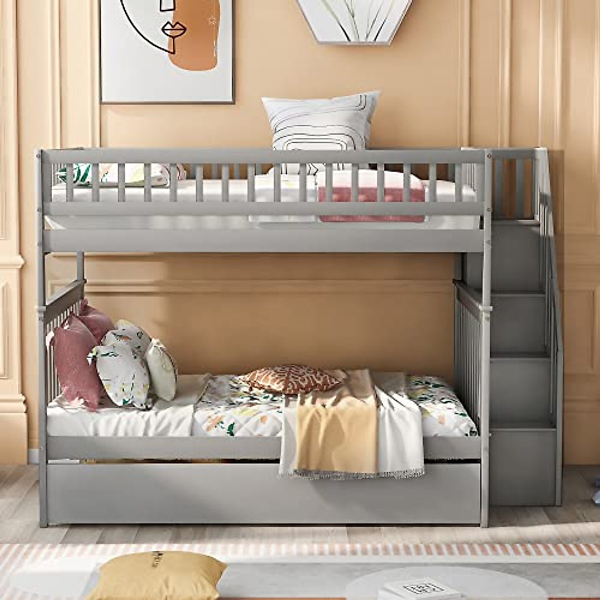 UBGO Full Over Full Bunk Bed with Pull Out Trundle Bed and Storage Stairs, Safety Rails, Full Size Bunk Bed for Kids Teens Adults, Space Saving, Easy to Assemble, Grey