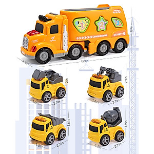 HOLY Fun 5 in 1 Construction Truck Toy Set, Transport Carrier Truck with Spray Sound& Light, 4 Small Engineering Mixer Excavator Crane Dump Car, Friction Power Truck Set, Early Learning Gift for Kids