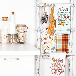 Whaline Fall Kitchen Towel Autumn Leaves Green Brown Plaids Dish Towel Retro Thanksgiving Fall Harvest Tea Towel Hand Drying Cloth Towel for Autumn Holiday Kitchen Cooking Baking, 4 Pack, 28 x 18 Inch