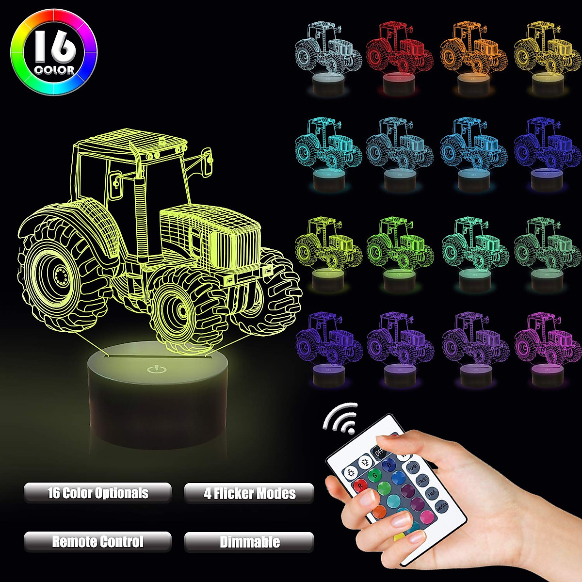 FULLOSUN 3D Illusion Lamp, Tractor Car 3D Night Light for Kids with 16 Colors Changing Remote Control, Bedroom Decor Creative Birthday Gifts for Boys Kids Baby