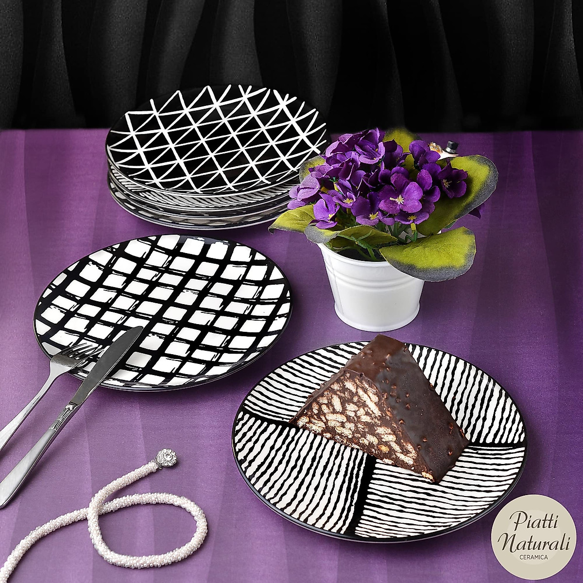 Piatti Naturali Ceramic Dinner Plates Set of 6, 10.2 inch Black Plates Microwave and Dishwasher Safe, Scratch Resistant.