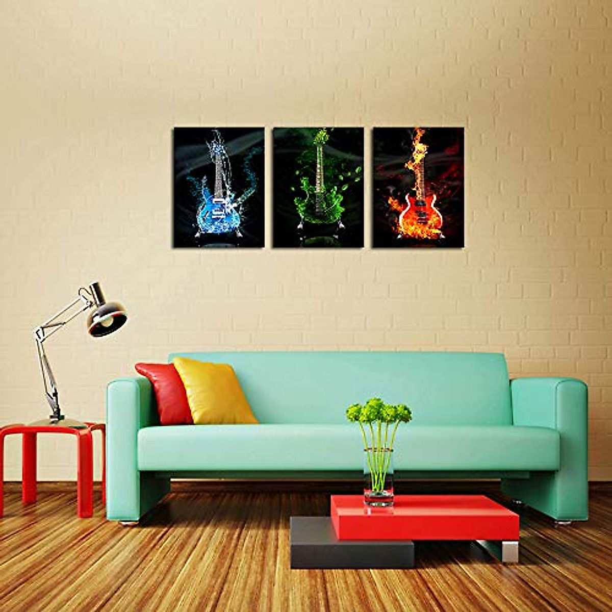 DZL Art A40934 3 Panels Red&Green&Blue Guitar Wall Art Pictures Print On Canvas Painting Wall Art Paintings Wall Artworks Pictures for Home Office Bedroom Wall Decor