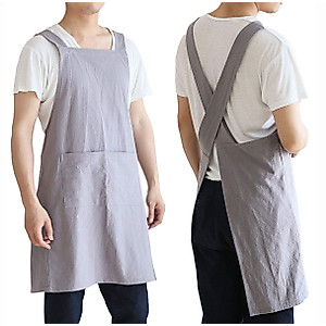 losofar Women Men Cotton/Linen Japanese Style Cross Back Aprons Pinafore Dress with Two Pockets for Cooking, Housewarming, Daily Chores(grey, 24×27.6inch)