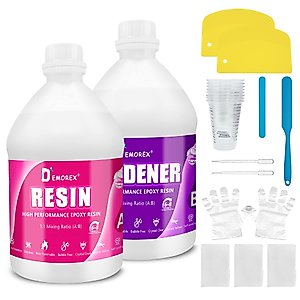 Demorex 1 Gallon Crystal Clear Epoxy Resin Kit, High Gloss & Bubbles Free Resin Supplies for Art Coating and Casting, Craft DIY, Wood, Tabletop, Bar Top, Molds, River Tables with Cups, Sticks, Gloves