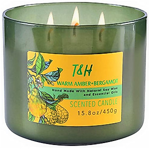 3 Wick Candle | Amber Bergamot Large Candle with Coconut, Jasmine & Balsam | Highly Scented Candles for Home | Natural Soy Candle, Relaxing Coconut Candle, Aromatherapy Candles for Men & Women 15.8 oz