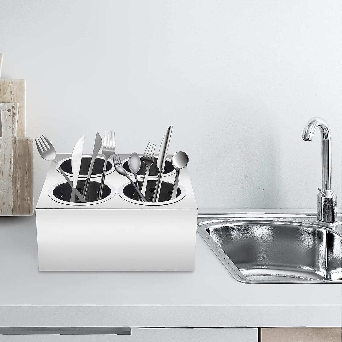 DNYSYSJ Commercial 4-Hole Stainless Steel Cylinder Flatware Countertop Flatware Cylinder Organizer Holder Silverware Utensil Holder for Kitchen