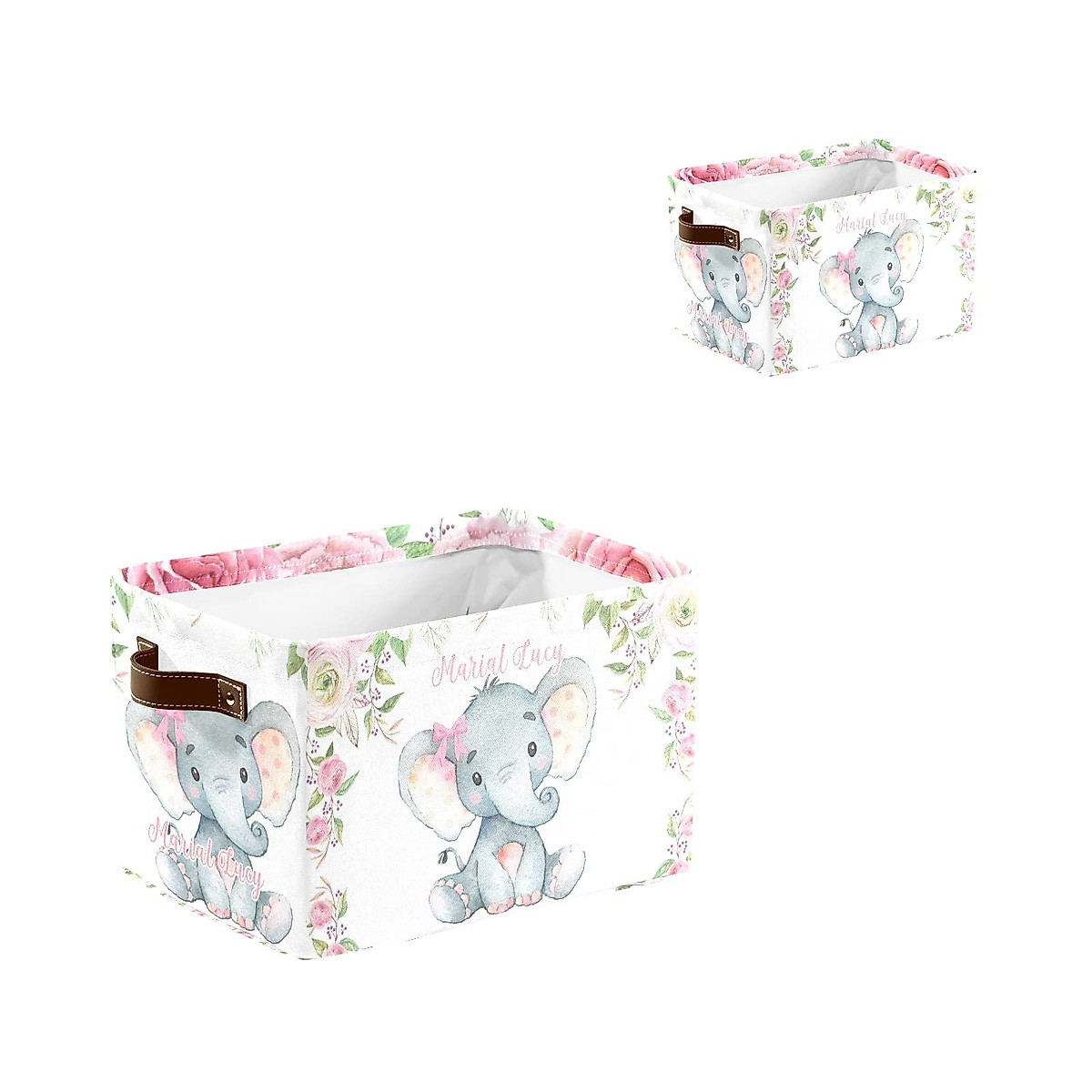 Pink Roses Elephant Personalized Storage Bins Basket Cubic Organizer with Durable Handle for Shelves Wardrobe Nursery Toy 1 Pack
