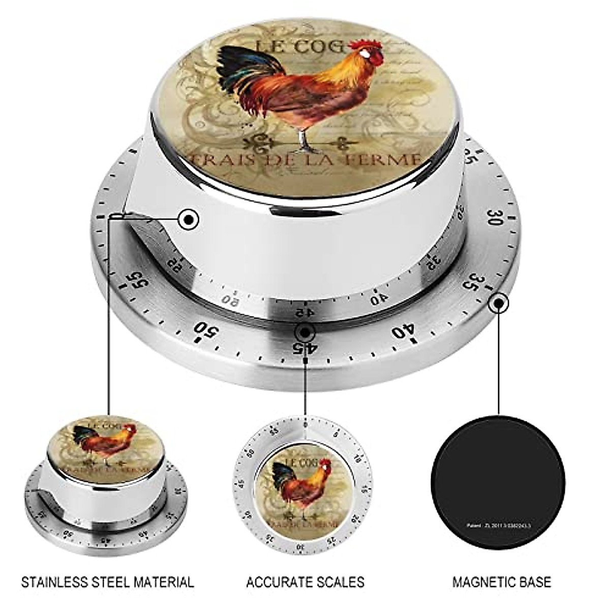 Kitchen Timer Rooster Retro Classroom Timer Stainless Steel Countdown Timer with Magnetic Backing
