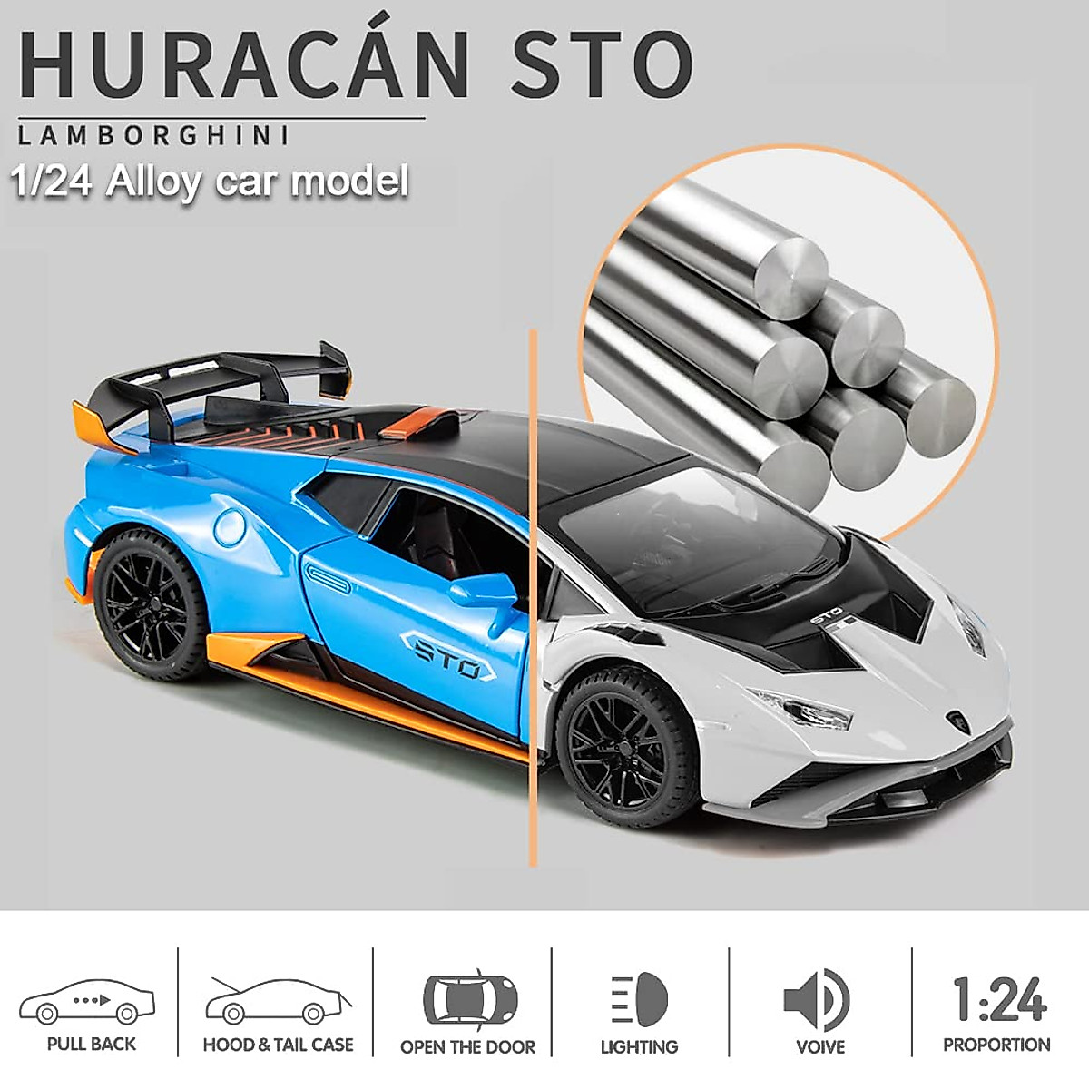 1:24 Alloy Diecast Car Model for Lamborghini Huracan STO 2021 Toy Car, Pull Back Vehicles Model Cars Toy for Kids 3 to 12 Years Old Gift Adult Collection Car Model with Light & Sound (Vibrant Blue)