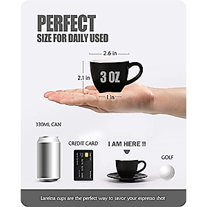 Lareina Espresso Cups with Saucers, Spoons and Metal holder, 3 oz Porcelain Demitasse Cups Set of 6, Small Coffee Cups with Handle for Nespresso Lungo, Espresso, Cortado and Tea, Black