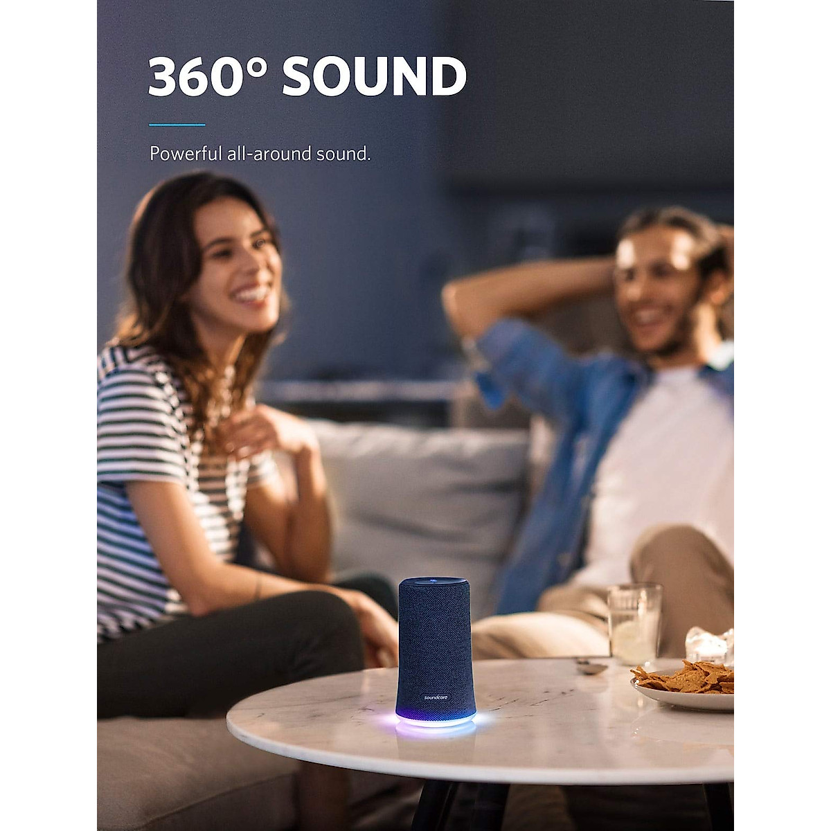 Bluetooth Speaker, Soundcore Flare Wireless Speaker by Anker, Portable Party Speaker with 360° Sound, Enhanced Bass, Ambient LED Light, IP67 Dustproof & Waterproof, and 12H Battery Life—Blue (Renewed)