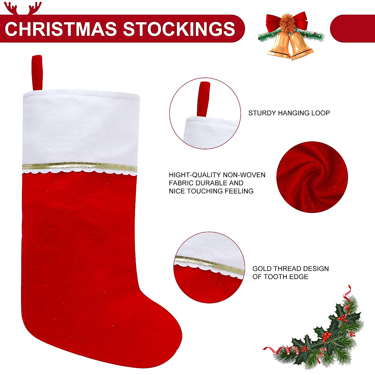 CHOTONIC 36 Pack Red and White Felt Christmas Stockings, 19 Inches White Cuff with Gold Trim DIY Personalized Christmas Stockings for Family Holiday Season Decor Kids Xmas Decorations