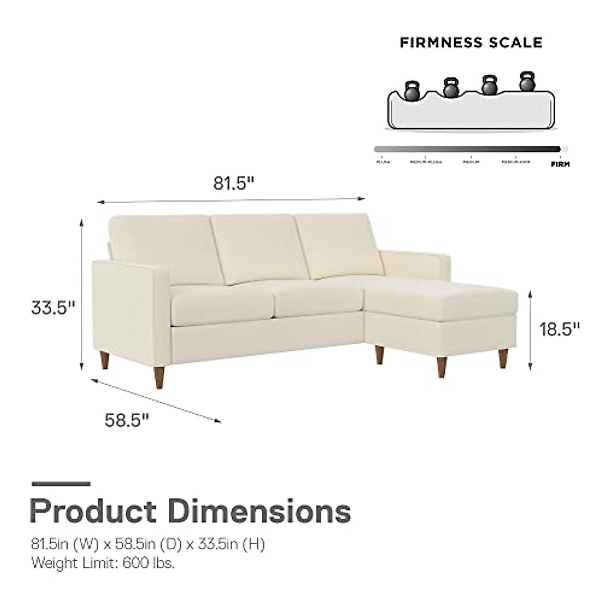 DHP Liah Reversible Sectional Sofa with Pocket Spring Cushions, Ivory