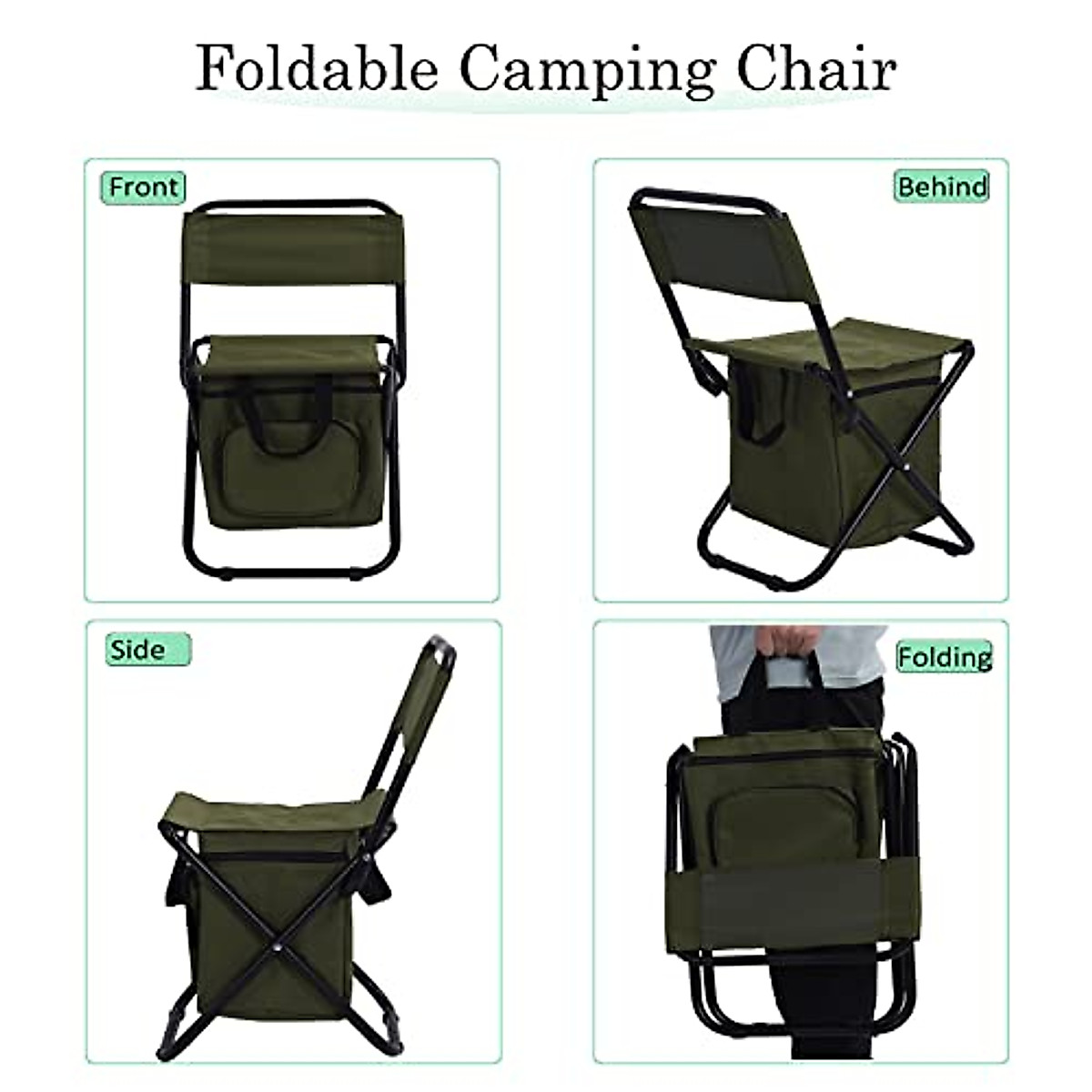 Sequpr Portable Foldable Camping Chair with Cooler Bag, Lightweight Backrest Stool Compact Folding Chair Seat, Outdoor Backrest Stool with Folding Backpack for Camping Hunting Fishing Hiking Green