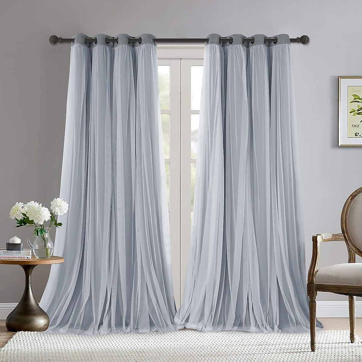 BONZER White Sheer Tulle Overlay Blackout Curtains Grommet Top Mix and Match Curtains for Living Room, Cloud Grey, 52x95 Inch, Set of 2 Panels