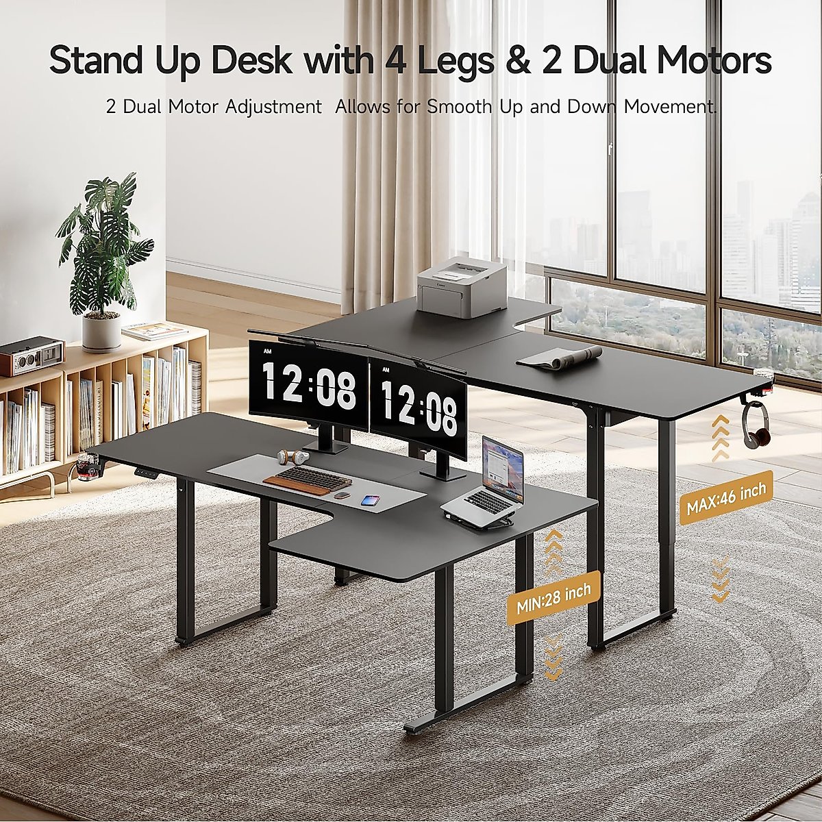 ONBRILL Standing Desk, 71x43 Inches L Shaped Desk with 4 Legs, Dual Motor and Memory Controller, Electric Stand Up Desk Adjustable Height from 28-46 Inches for Computer Workstation