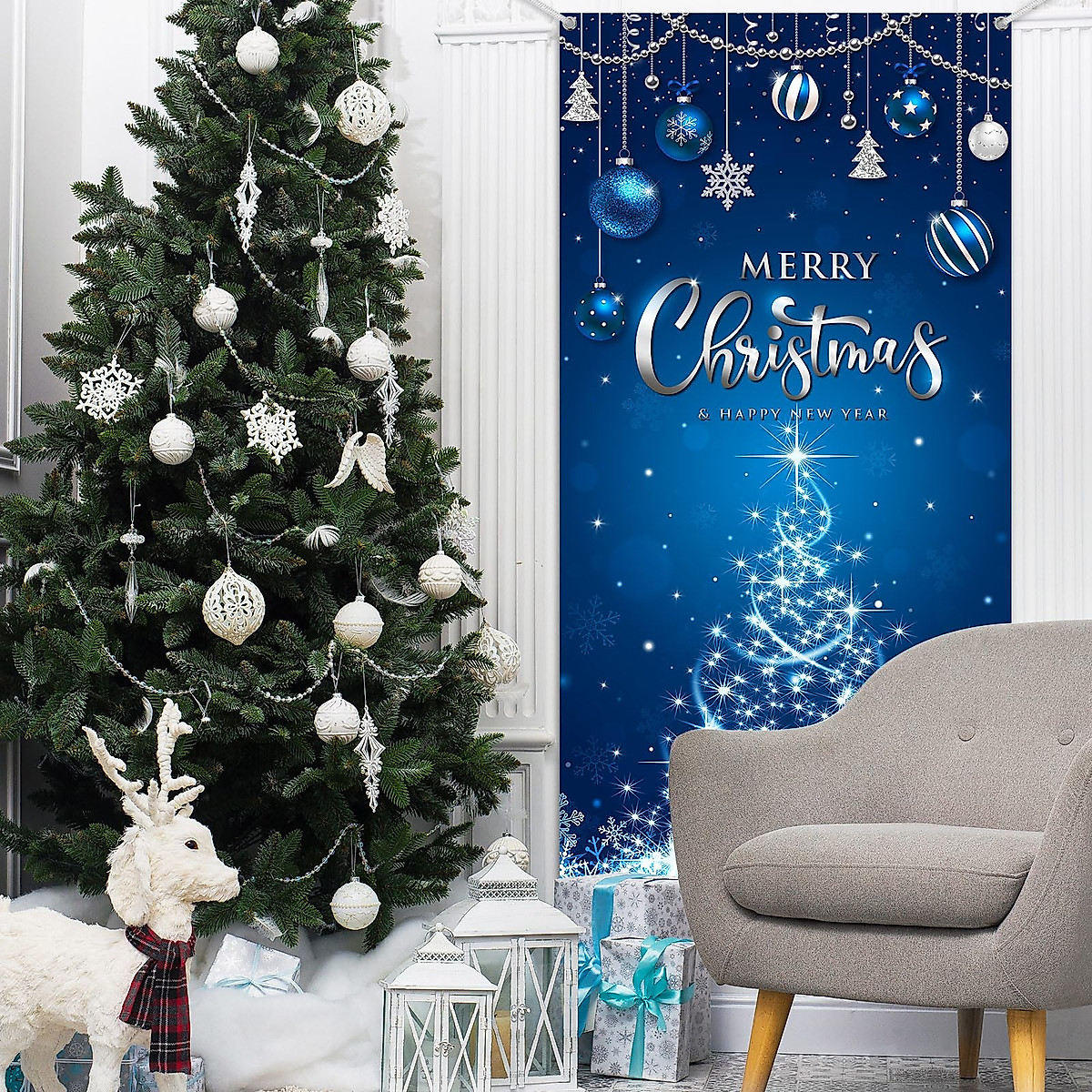 Christmas Decorations Merry Christmas Door Cover Christmas Background Banner Xmas Door Hanging Covers Photo Booth Props for Christmas Party Decorations Supplies, 70.9 x 35.4 Inch (Blue Style)