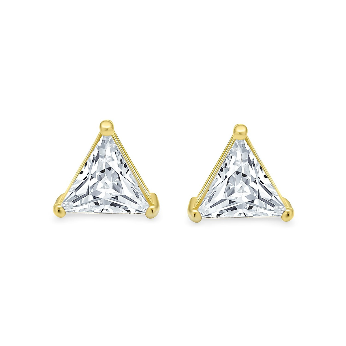 Triangle Shape Cubic Zirconia AAA CZ Trillion Cut Stud Earrings For Men Women Yellow Gold Plated .925 Sterling Silver 3 Prong Set 6 MM