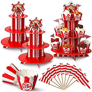 Mimorou Circus Carnival Party Decorations Party Supplies 2 Pcs 3 Tier Tent Striped Circus Cupcake Stands 50 Pcs Striped Popcorn Cupcake Wrappers 100 Pcs Paper Flag Cupcake Toppers Cake Insert Picks