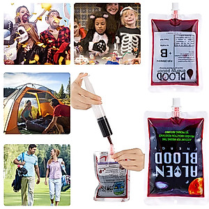 Halloween Blood Bags Party Supplies - 20 Halloween Drink Pouches + 2 Funnels Halloween Party Favors, Reusable Halloween Blood Bags Drink Bag for Vampire Zombie Costumes Props Party Decorations(5