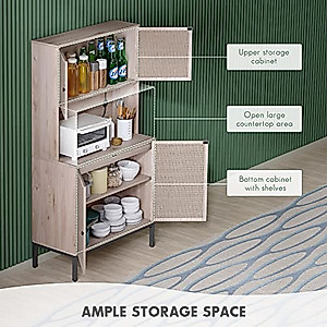 Yechen Storage Cabinet with Natural Handmade Rattan Wicker Doors, Freestanding Sideboard with Large Countertop, Kitchen Buffet (Natural Color)