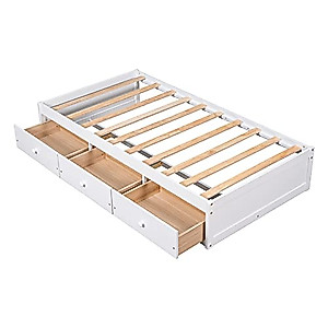 BOVZA Twin Size Platform Storage Bed with 3 Drawers, Wood Daybed Frames for Kids Teens Adult, for Living Room Bedroom Guest Room, No Box Spring Needed, White
