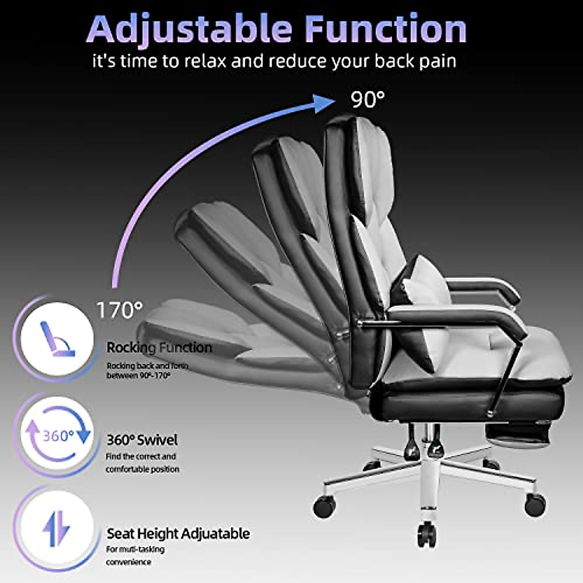 SeekFancy Reclining Office Chair with Footrest, Big and Tall Office Chair 500lbs Wide Seat with 170°Backrest, High Back Leather Managerial Chair Lumbar Support，Grey Executive Office Chair Set of 8