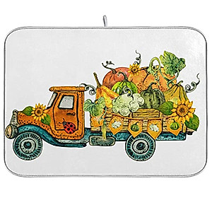 Absorbent Dish Drying Mat for Kitchen Counter - Thanksgiving Pumpkin Sunflower Truck Microfiber Drying Pad, Reversible Drainer Mats for Countertop, Large 18" x 24"