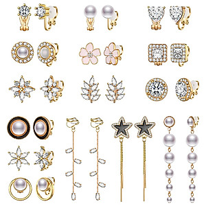 Jannisa 15 Pairs Gold Clip on Earrings Set for Women Teens CZ Simulated Pearl Clip on Earrings for Women Hypoallergenic Non Pierced Earrings Jewelry Gift