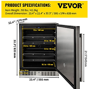 VEVOR 24'' Built-in Beverage Cooler, 5.3 cu.ft. Stainless Steel Beverage Refrigerator w/Embraco Compressor, 142 Can Beer Fridge for Home Bar Office Outdoor Indoor Use, 150L, Black & Silver