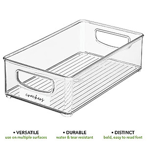 mDesign Plastic Kitchen Bins with Handles and Preprinted Cursive Food Labels Combo Set for Organizing Pantry, Kitchen, Shelves, or Counter, Includes 4 Clear Bins and 120 White Labels with Black Text