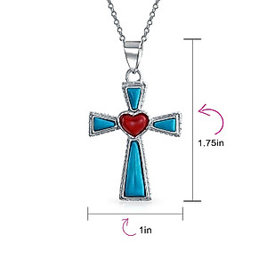 South Western Style Gemstone Blue Stabilized Turquoise Red Heart Cross Pendant Religious .925 Sterling Silver Necklace For Women Teen