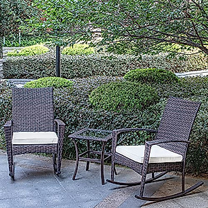 3 Piece Wicker Patio Furniture Sets, Outdoor Wicker Rocking Chairs Patio Bistro Set, Rattan Chairs Patio Furniture Set for Porch Lawn Poolside Backyard with Glass Coffee Table, Brown and Beige