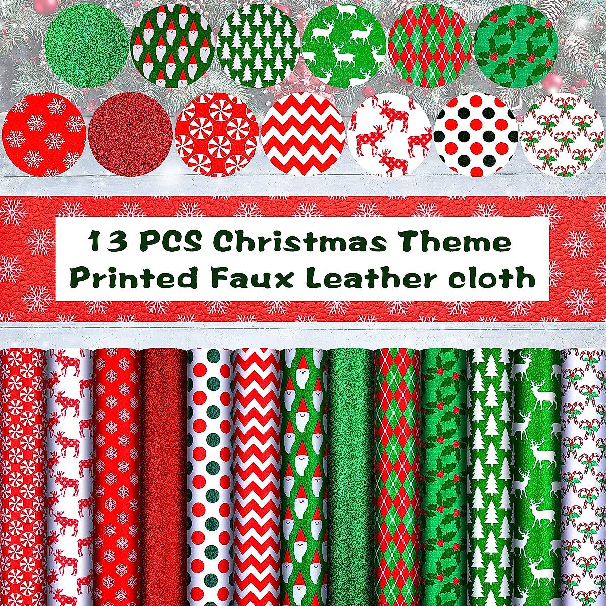 13 Pieces Christmas Faux Leather Sheets 6.3 x 8.3 Inch Green Red White Patterned Leather Fabric Xmas Synthetic Leather Sheets for DIY Crafts Bows Earrings Making Supplies (Animal Style)