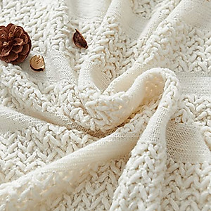 jinchan Knit Throw Blanket Ivory Soft Couch Throw Blanket with Tassels Spring Bed Throw Blanket Indoor Outdoor Travel Warm Coverlet for Sofa Comforter Living Room Decor Nursery Gift 50 x 60 inch