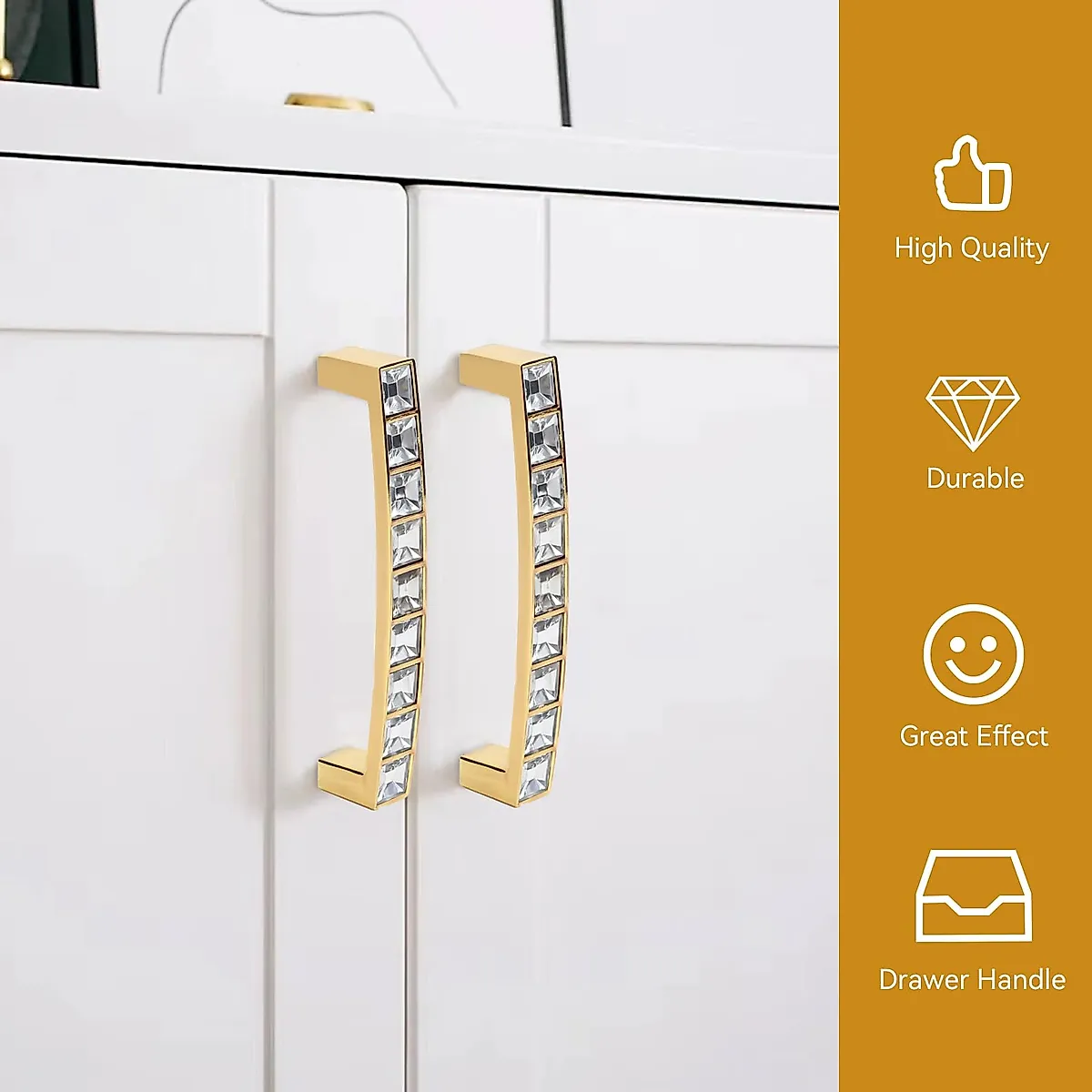 Gold Crystal Handles, Clear Crystal Cabinet Pull Bling Door Knobs Double Hole Cupboard Handles for Wardrobe, Kitchen, Bedroom