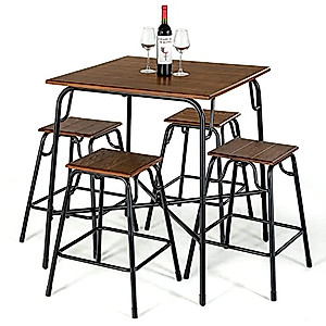 COSTWAY 5-Piece Bar Table Set Industrial Counter Height Square Table with 4-Piece Classic Backless Stools Space-Saving Vintage Dining Table Set for Apartment Breakfast Nook Easy Assembly Rustic Brown