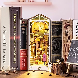 Rolife DIY Book Nook Kit 3D Wooden Puzzle for Adults 9.5" Bookshelf Indert Decor with LED Miniature Dollhouse Kit Bookend Crafts Diorama Hobbies Gifts for Boys Girls (Sunshine Town)