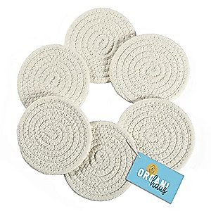 OrganiHaus Set of 6 White Farmhouse Coasters for Coffee Table | 4.3" Aethetic Boho Coasters for Drinks | Absorbent Coasters | Cute Coasters | Moisture Absorbing Coasters | Woven Fabric Cup Coasters