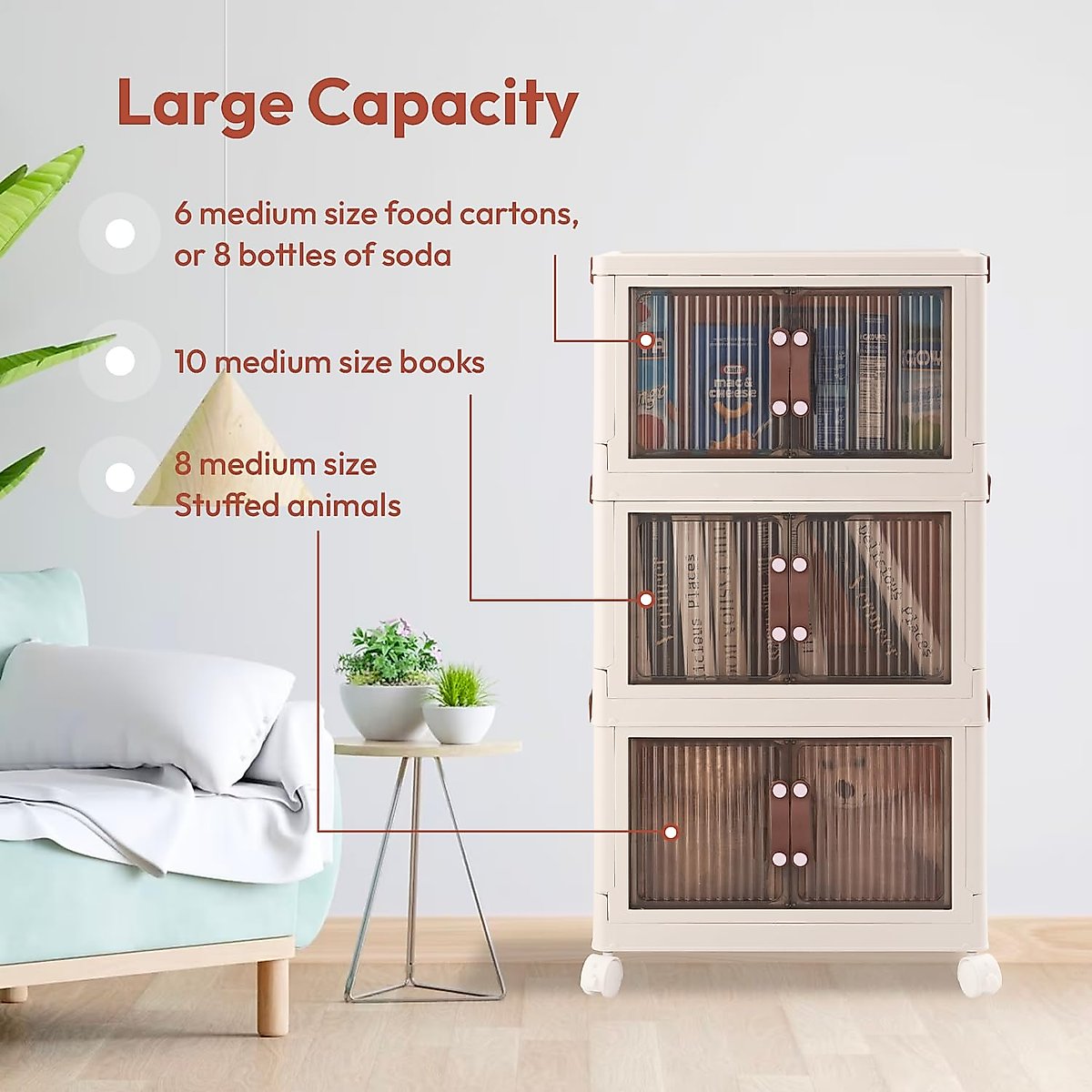 PROKTIK 30 QT 3 Tier Folding Storage Bins with Doors – Magnetic Door Foldable Storage Cabinet - Folding Storage Box with Leather Handles - Stackable and Collapsible Storage Container for Books, Pantry