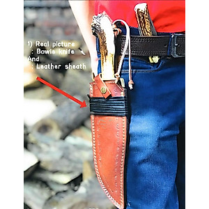 NoonKnives: 15.5" Hand Made Damascus Steel Collectible TEXAS Bowie Knife Handle Brass clip with stag horn