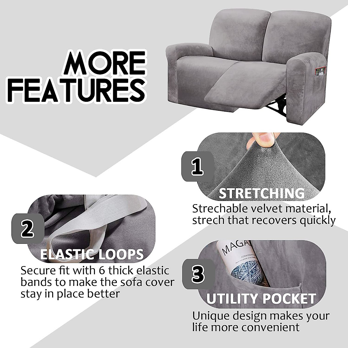 ULTICOR Reclining Love Seat Slipcover, 48" - 65" L, 6-Piece Velvet Stretch Loveseat Reclining Sofa Covers, 2 seat Love seat Recliner Cover, Thick, Soft, Washable (Light Grey)