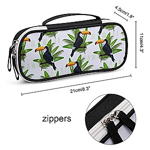 Toucan Tropical Palm Tree PU Leather Pen Pencil Bag Organizer Portable Makeup Carry Case Storage Handbag