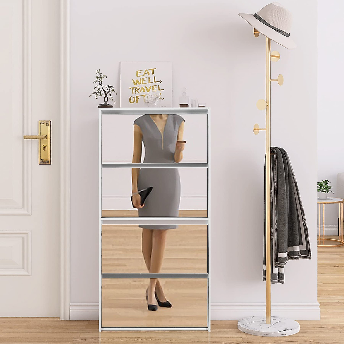 Shoe Storage Cabinet for Entryway Slim, White Wood Shoe Rack Organizer with 4 Flip Mirror Drawers, Freestanding Modern Narrow Shoes Storage Cabinet, Apartment, Living Room