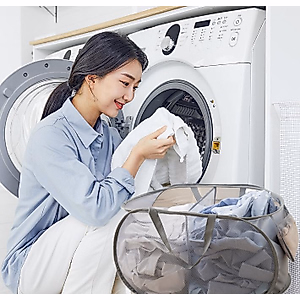 Foldable Laundry Basket, Popup and Collapsible, Durable Mesh Material, 2 Compartments-Folds for Storage, Reinforced Carry Handles. Great Hamper for College Dorm, Laundry Room or Travel Grey 75L