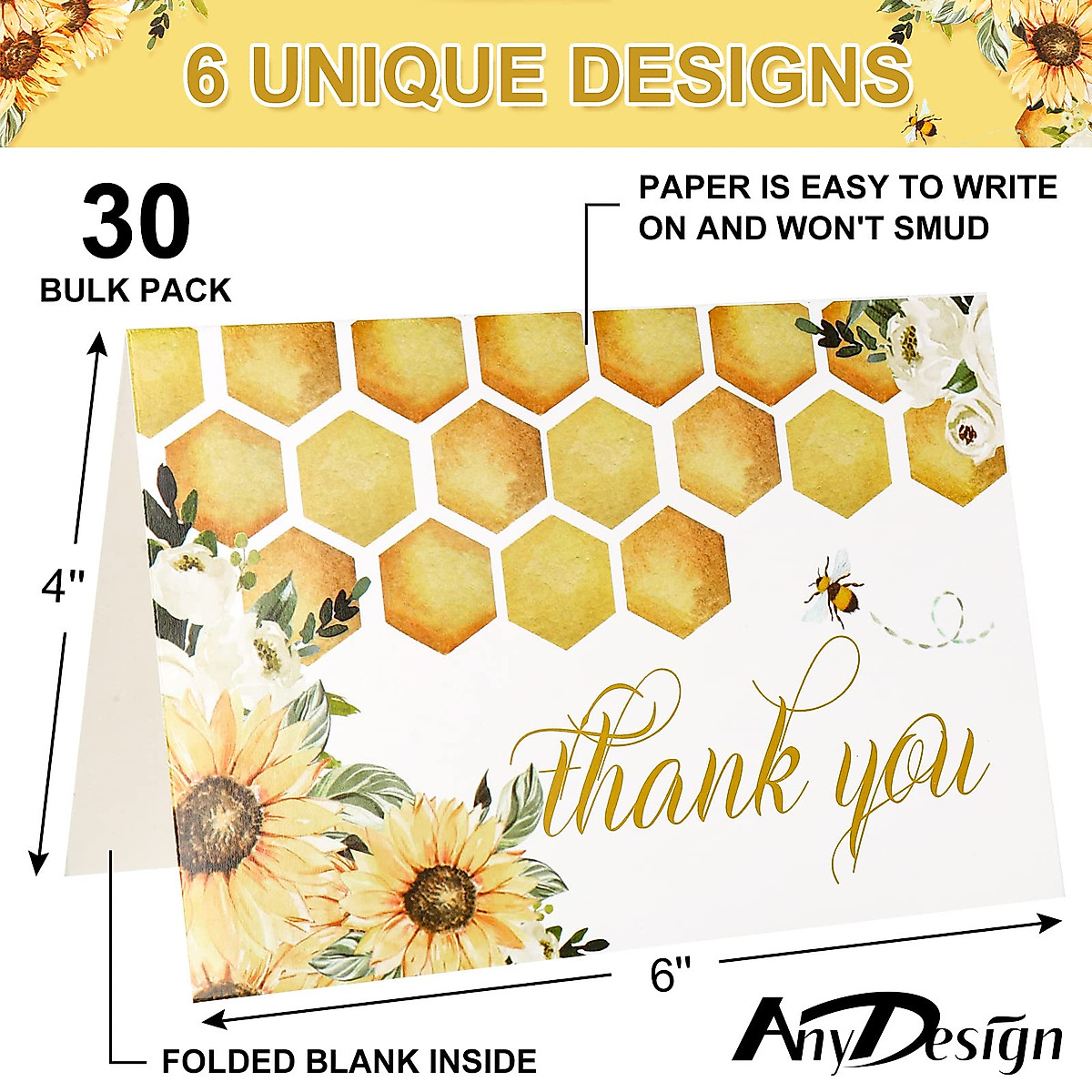 AnyDesign Sunflower Bee Thank You Cards Bulk 30 Pack Thank You Notes with Matching Seal Stickers Envelopes Blank Greeting Note cards for Wedding Baby Shower Bridal Birthday Party Invitation